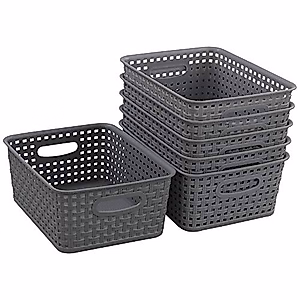 Readsky Small Woven Plastic Storage Baskets, Plastic Baskets for Shelves, Gray, Pack of 6