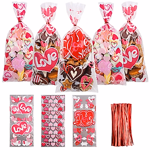 DIYASY Valentine Cellophane Candy Bags,150 Pcs Treat Bags Heart and Love Shape Goodie Bags with 180 Twist Ties for Valentine's Day Party Favor