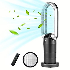 Bladeless Tower Fan & H13 HEPA Air Purifier & 1500W Space Heater 3in1, 120° Swing & 210° Tilt Head Table Fan, 29in. 35W Desk Fan with Remote, 9 Speeds 9H Timer Air Circulator for Home Office, G/S…