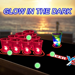 HIOHWEFH Glowing Beer Pong Table Mat for Drinking Game Light Up Plastic Cups and Pongs Beer Pong Set for Party Game Indoor Outdoor Pong Game, Party Supplies Decor 71 * 23inch