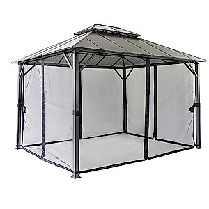 MONDAWE 10x12Ft Hardtop Gazebo Double Aluminum Composite Roof Patio Outdoor Canopy Grand Gazebo Permanent Pavilion Aluminum Frame with Netting Pergola for Patio Lawn Garden