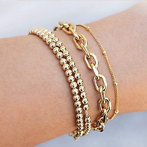 14K Gold Beaded Bracelets for Women,Dainty Gold Plated Chain Link Bracelet Stretchable Adjustable Bracelet(5PCS)……