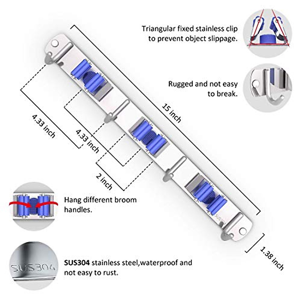 SPEENSUN Mop Rack Wall Mount-15''Stainless Steel Heavy Duty Broom and Mop Holder Wall Mounted -Broom Hanger With 3 Racks and 4 Hooks For Closet Broom Organizer-Mop Hanger Wall Mount-Broom Rack