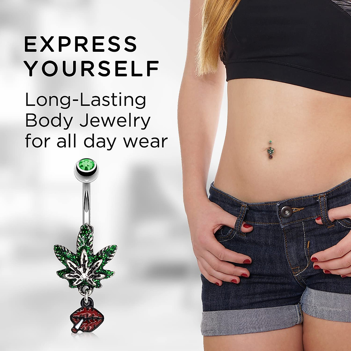Pierce2GO Weed Belly Button Ring - 316L Surgical Grade Stainless-Steel Belly Button Ring with Lips Smoking Weed - Marijuana Belly Button Ring with Cubic Zirconia Stone - Navel Rings for Women