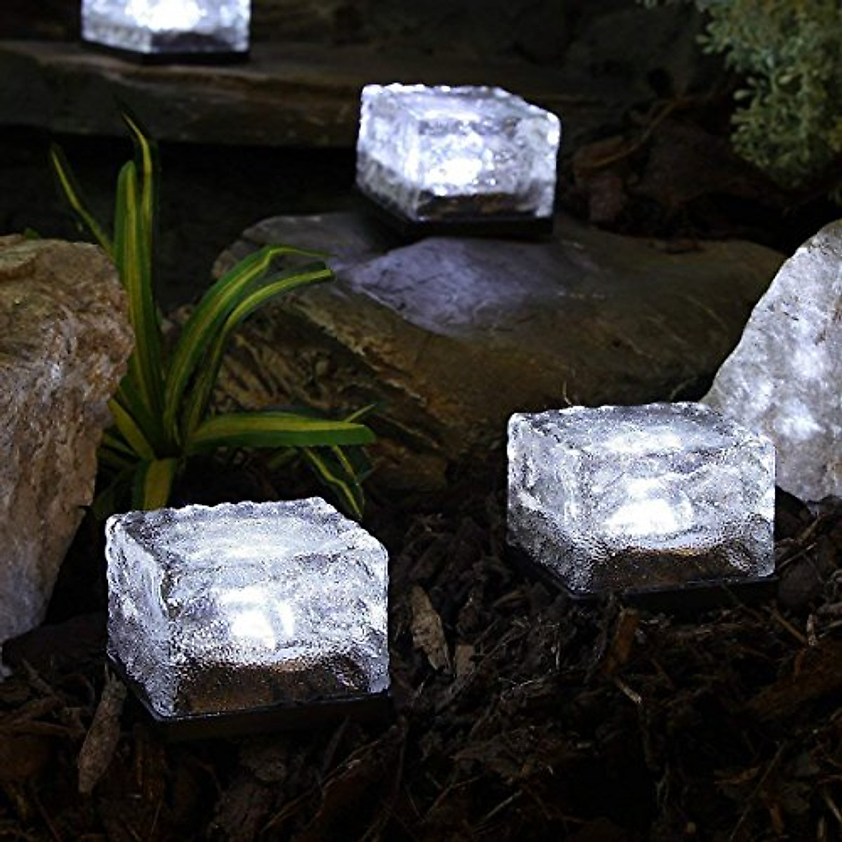 WONFAST 4 Pack Solar Path Ice Cube Lights Outdoor, Waterproof Glass LED Glass Clear Brick in-Groud Buried Festive Light Night Lamp for Garden Courtyard Pathway Patio Pool Pond Decoration(White)