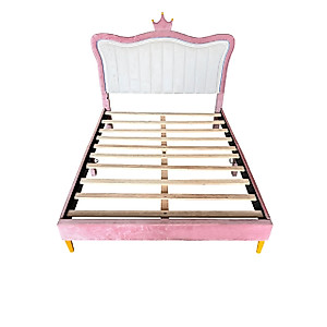 DNYN Full Size Upholstered Platfrom Bed for Kids,Princess Bedframe with Crown Headboard & LED Design,for Girls Bedroom,No Box Spring Needed & Easy Assembly, Pink