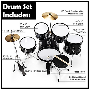 Costzon 16” Kids Drum Set, 5-Piece Full Size Complete Junior Drum Set with Adjustable Throne, Cymbal, Hi-Hat, Pedal & Drumsticks, Beginner Drum Kit with Bass Snare Tom Drum, Age 3-12, Black