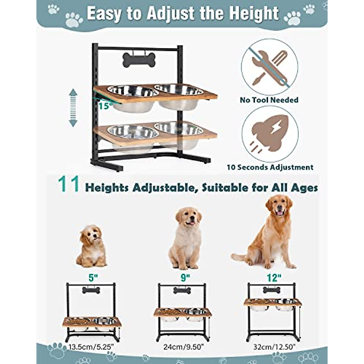 Realyoo Dog Elevated Bowls with Slow Feeder, 11 Heights 15° Tilted Stainless Steel Raised Dog Bowls Stand, Metal Food and Water Bowl for Large Medium Small Dogs and Cats