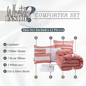 Elegant Comfort 12-Piece Bed-in-a-Bag, Isabella Pleated Ruched Ruffled Comforter Set, 6-Piece Sheet Set Featuring Smart Pockets, Matching Decorative Pillows, All Season Bedding, King, Dusty Rose