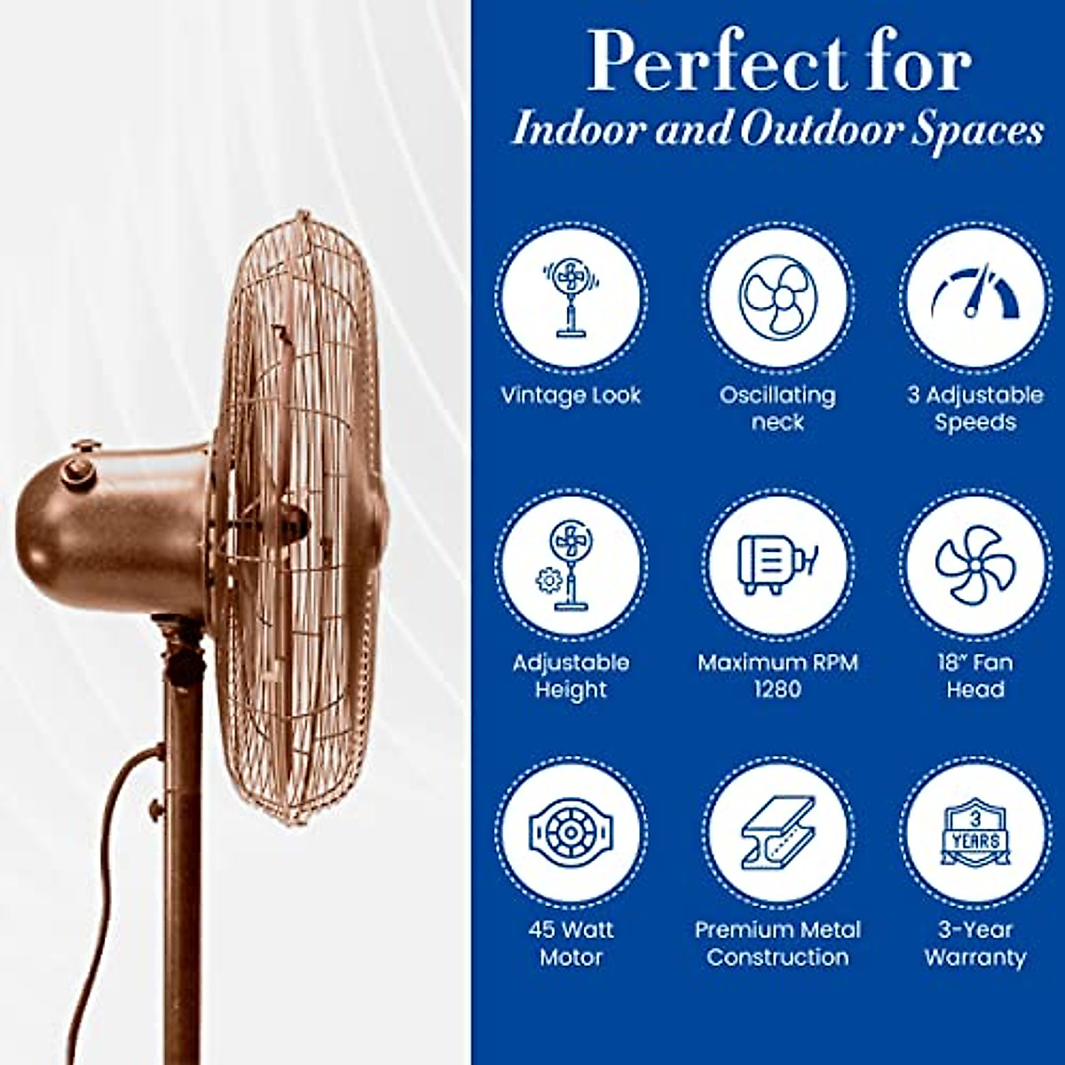 Designer Aire Oscillating Indoor/Outdoor Standing Floor Fan for Cooling Your Area Fast - 3-Speeds, Adjustable 40-51 Inches in Height, Fits Your Home Decor