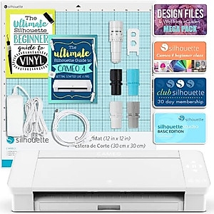 Silhouette White Cameo 4 Starter Bundle with 26 Oracal Vinyl Sheets, Transfer Paper, Class, Guides and 24 Sketch Pens