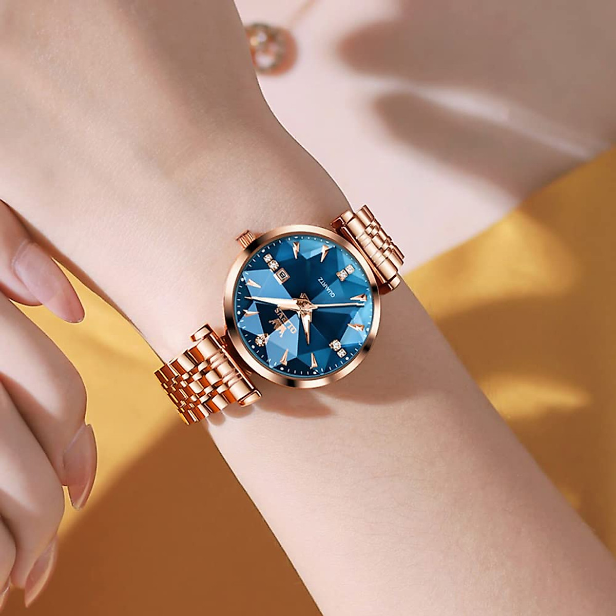 OLEVS Women Watch Fashion Rose Gold Diamond Analog Quartz Female Watch for Women Luxury Dress Ladies Stainless Steel Luminous Waterproof Date Wrist Watch Blue