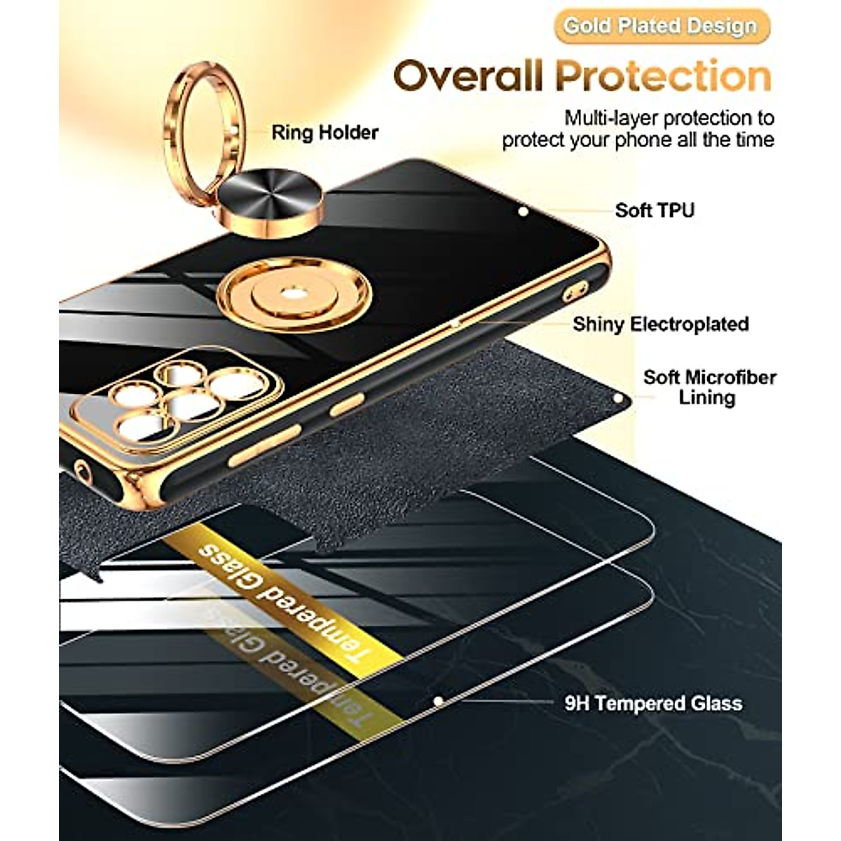 LeYi for Galaxy A53 5G Phone Case: with Tempered Glass Screen Protector [2 Pack] 360° Rotatable Ring Holder Magnetic Kickstand, Plating Rose Gold Edge Protective Case, Black