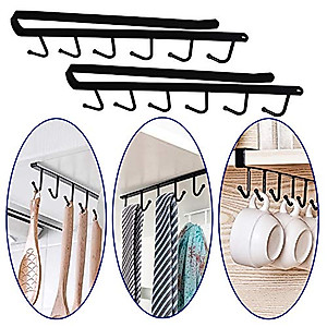 Evadow 5Pack 6-Hook Under Cabinet Mug Hook, Metal Iron Kitchen Storage Utensil Hooks with Free Nails and Screws, Black Wall Organizer Shelf Rack for Mugs, Cups, Teapot and Kitchen Utensils Display
