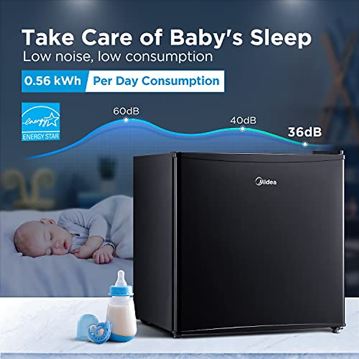 Midea WHS-65LB1 Compact Single Reversible Door Refrigerator, 1.6 Cubic Feet(0.045 Cubic Meter), Black