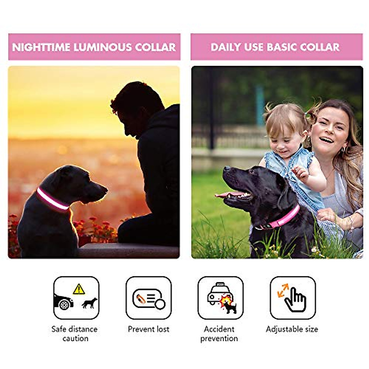 MASBRILL Light Up Dog Collar, Glow LED Dog Collar Rechargeable Lighted Dog Collar Flashing Night Walking Collar Waterproof, 4 Colors with 3 Sizes for Small Medium Large Dogs