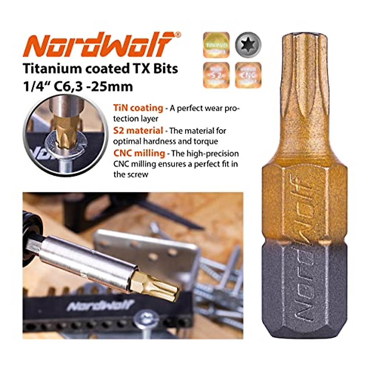 NordWolf 12-Piece Torx Bit Set, Titanium Nitride Coated 6 Point Screwdriver Star Bits Made From S2 Alloy Steel, Sizes T5 to T40