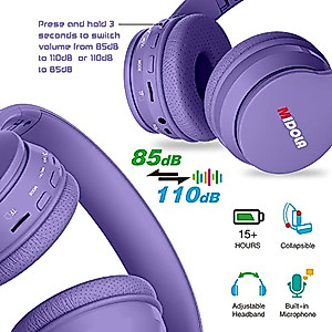 MIDOLA Headphones Bluetooth Wireless Kids Volume Limit 85dB /110dB Over Ear Foldable Noise Protection Headset AUX 3.5mm Cord Mic for Children Boy Girl Travel School Phone Pad Tablet PC Light Purple
