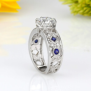 925 Sterling Silver Wedding Ring 2 Carat Octagon Cut CZ Stone Simulated Blue Sapphire CZ Accent Filigree Vintage Engagement Ring (Size 5 to 9)