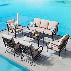 PHI VILLA Metal Patio Outdoor Furniture Sets,All-Weather Steel Frame Patio Conversation Sets for Backyard, Porch and Garden（Beige, 6 pcs w/Table）