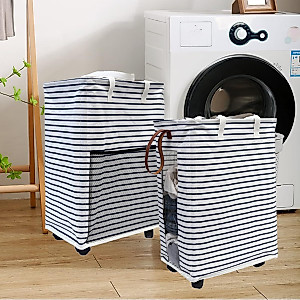 HiCharmcci Laundry Hamper, Wheeled Collapsible Clothes Hampers for Laundry, Large 82L, Dark Blue Strips, Sturdy Oxford Fabric, Mesh Closure, Portable Handle, Transparent Window