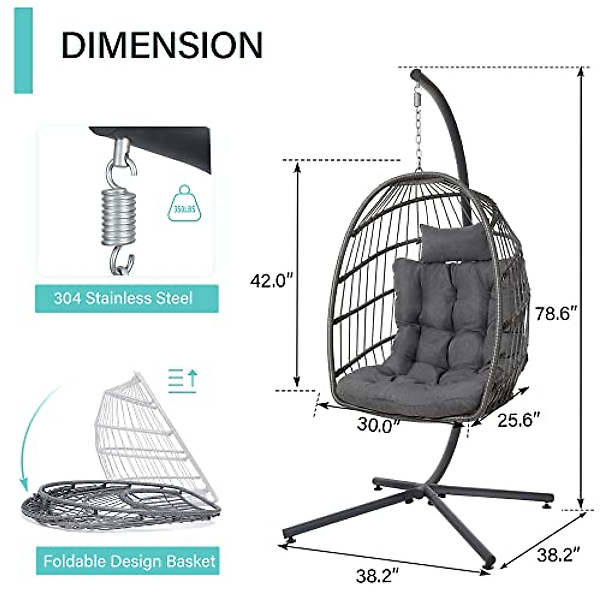 SWITTE Hanging Egg Chair with Stand, Egg Swing Hammock Chair with Stand, Indoor Outdoor Wicker Egg Chair with Cushion Headrest for Patio Bedroom Porch Garden, 350LBS Capacity(Dark Grey)