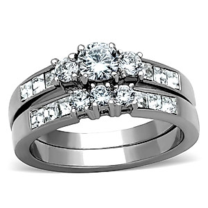 Lanyjewelry Three-Stone Type Brilliant CZ Stainless Steel Wedding Ring Set- Size 6