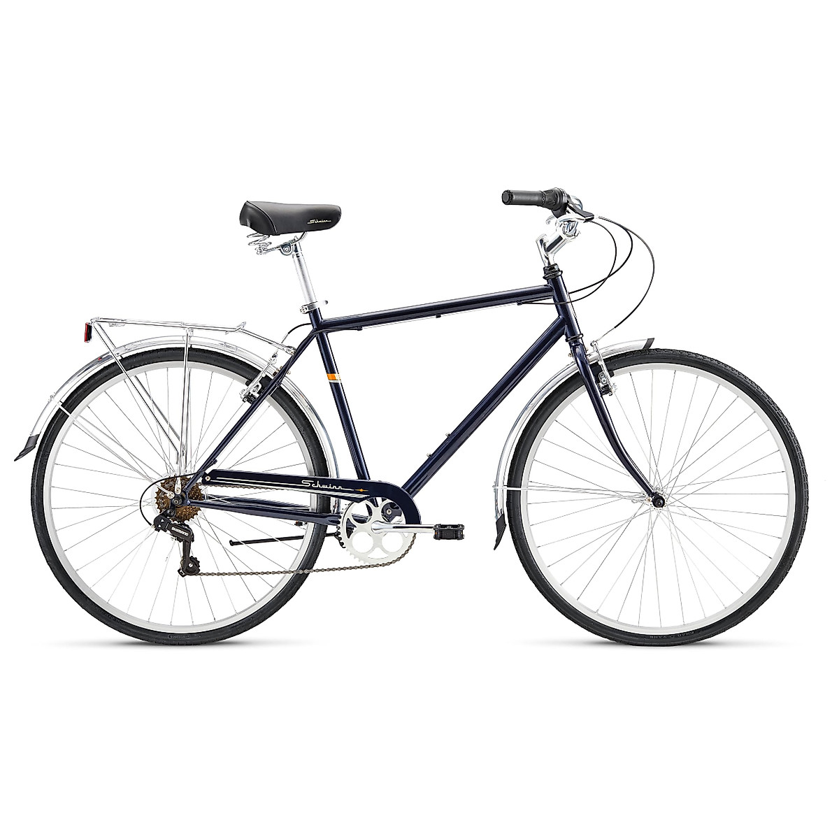 Schwinn Wayfarer Adult Hybrid Bike, Mens and Womens, 18-Inch/Medium Steel Step-Over Frame, 7-Speed Drivetrain, Rear Rack, 700C Wheels, Blue