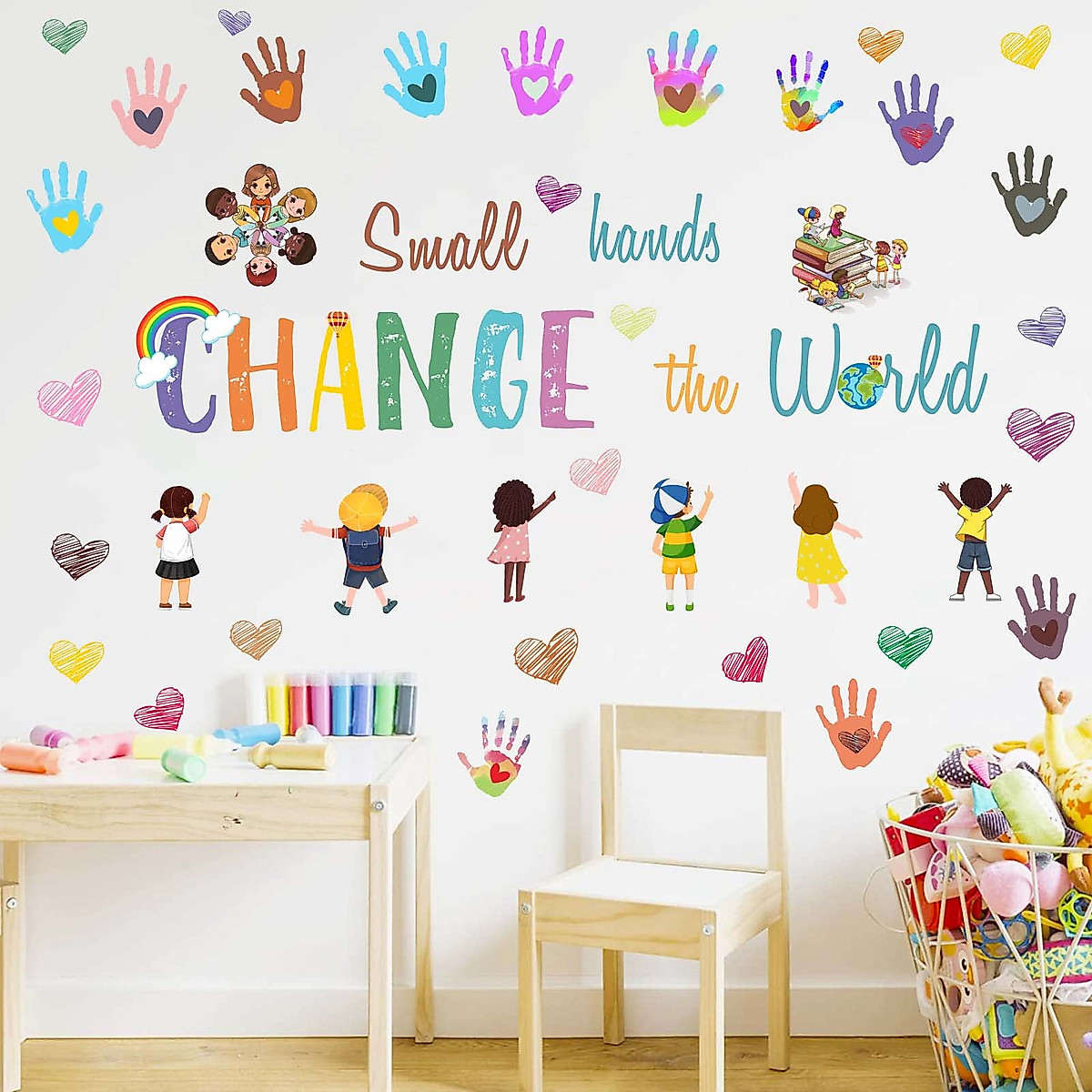 HATARU Colorful Inspirational Saying Wall Decals,Motivational Quotes Wall Stickers,Small Hands Wall Decals Nursery Decor,Change The World Handprints Wall Decals for Kids Room Classroom Decor