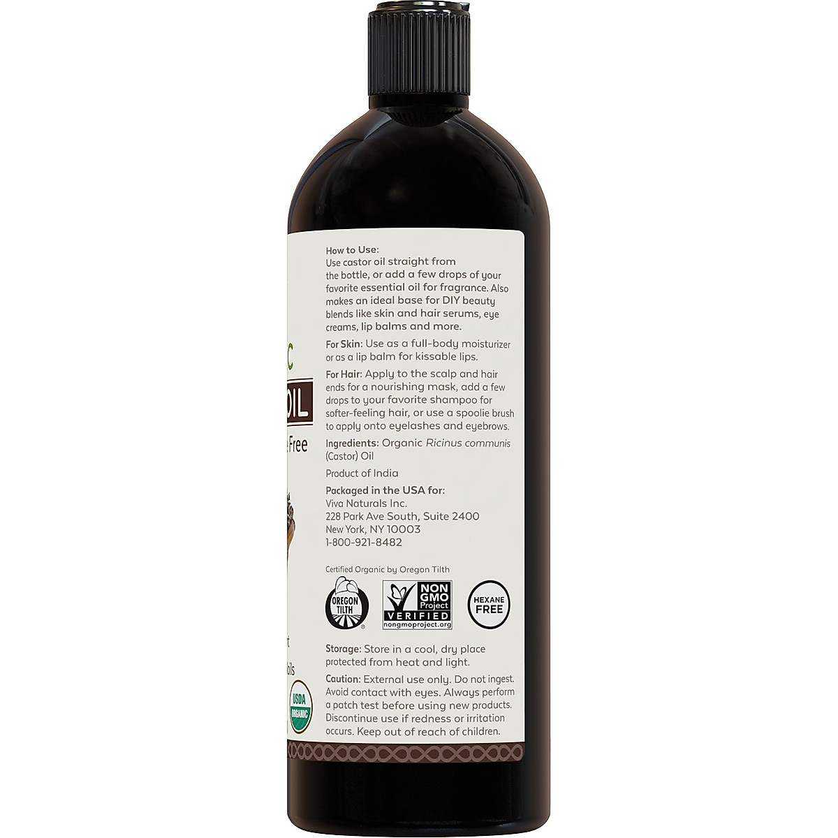 Viva Naturals Organic Castor Oil, 16 fl oz - Cold Pressed Castor Oil for Skin, Hair and Lashes - Traditionally Used to Support Hair Growth - Certified Organic & Non-GMO - Includes Beauty Kit