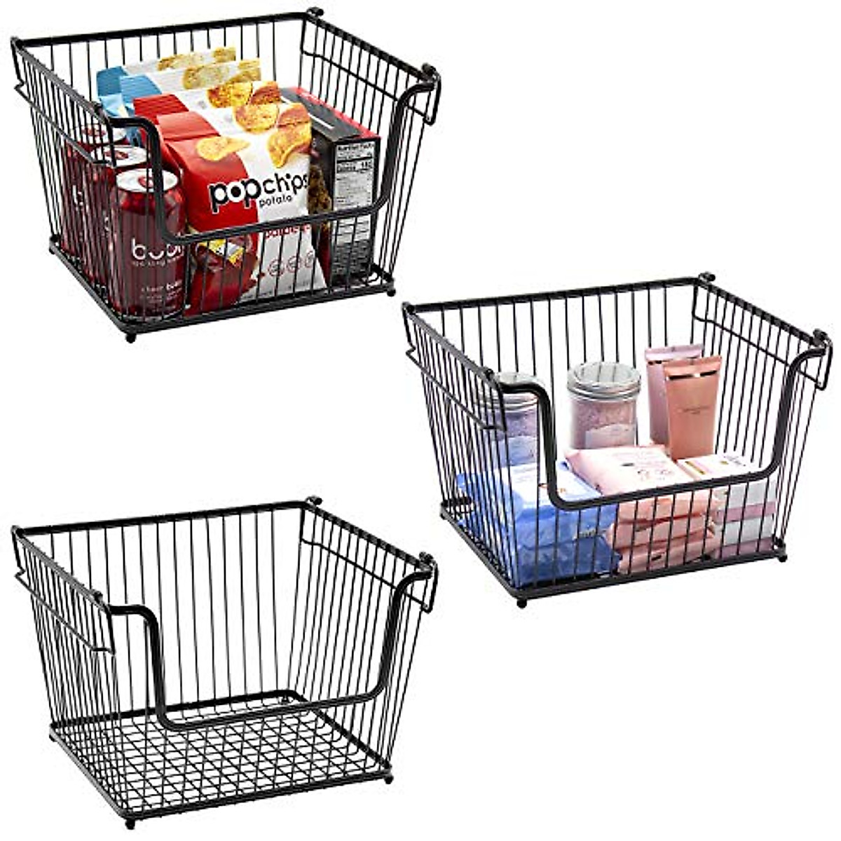 Sorbus Wire Metal Basket Bin, Stackable Storage Baskets, Cubby Bins for Food, Kitchen, Home, Pantry Snack, Vegetable, Potato, Onion, Laundry Room, Office, Farmhouse, Iron Metal (3-Pack, Black)