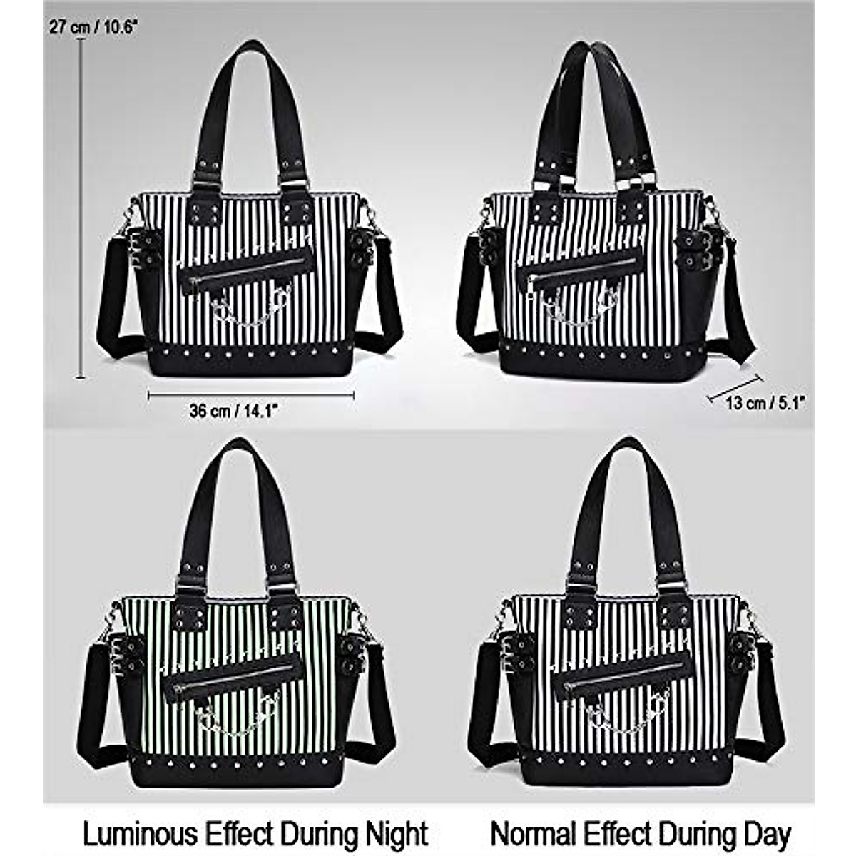 Women Fashion Rivet Handbag Purse Luminous Canvas Punk Tote with Shoulder Strap Crossbody Bag Large Capacity Black (Striped-Luminous)