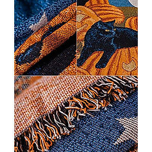 CUEERBOT Throw Blanket for Couch，Indie Room Decor Black Cat and Halloween Pumpkin Cotton Blanket (Orange, Large 63X87 Inches)