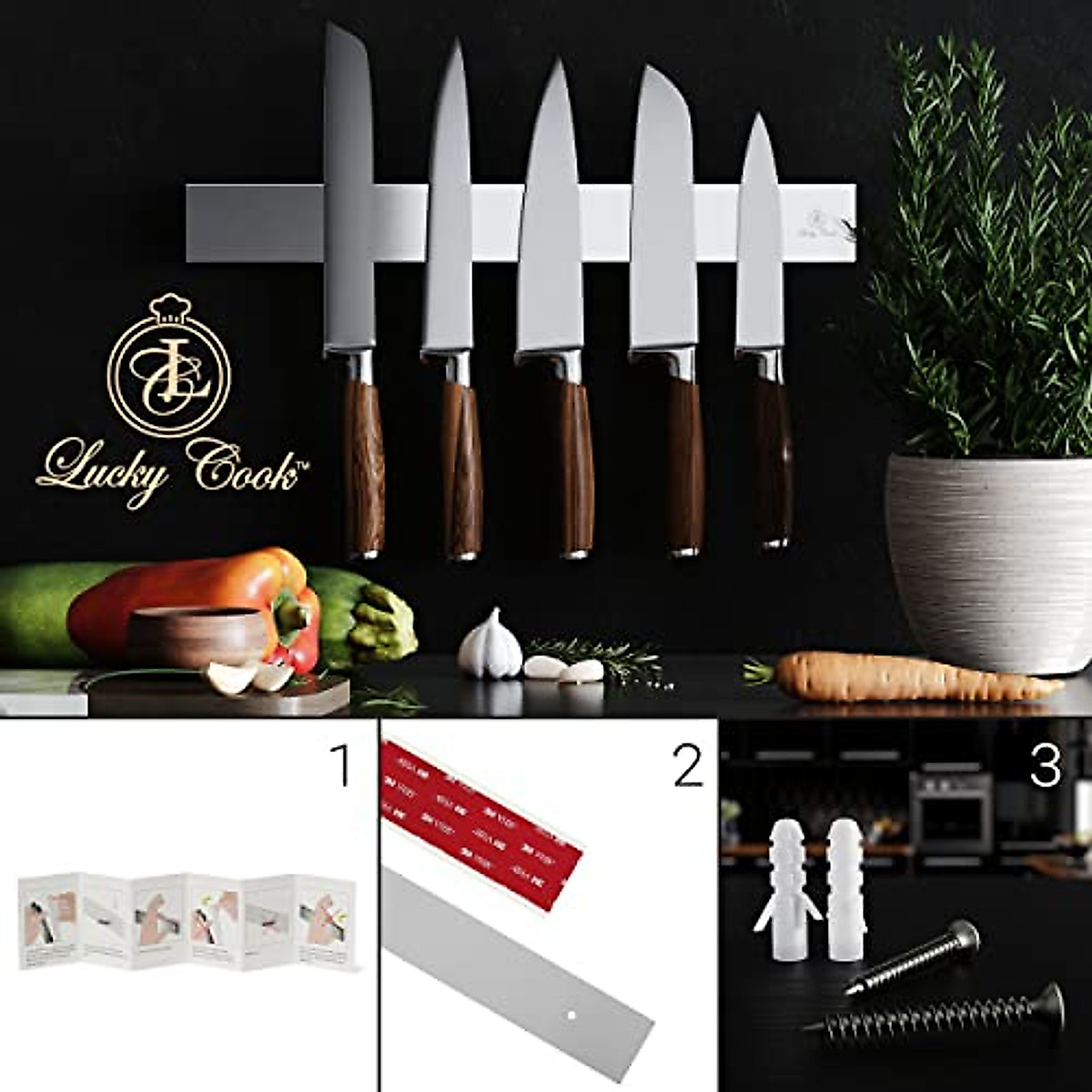 Efficient and Space-Saving Magnetic Knife Holder 16 Inch - Saving Magnetic Knife Strips - Effortlessly Organize Your Kitchen, Display Knives, and Free Up Counter Space (Metallic)