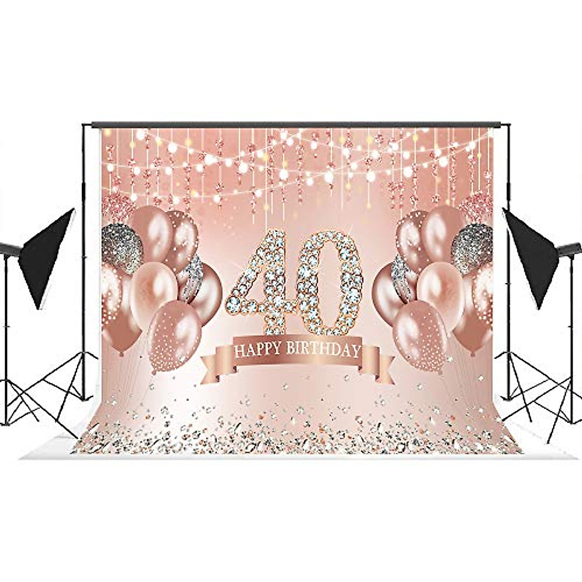 Lofaris Rose Gold Happy 40th Birthday Backdrop Shiny(Not Gliiter) Diamonds and Balloons Lights Birthday Background Forty Years Old Age Women Birthday Party Decorations Cake Table Banner 7x5ft Vinly