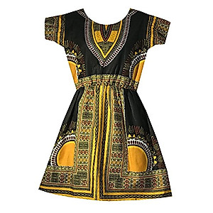Decoraapparel Girls Dashiki Caftan African Short Baby Doll Dress Above Knee Length (X-Large, Black Yellow)