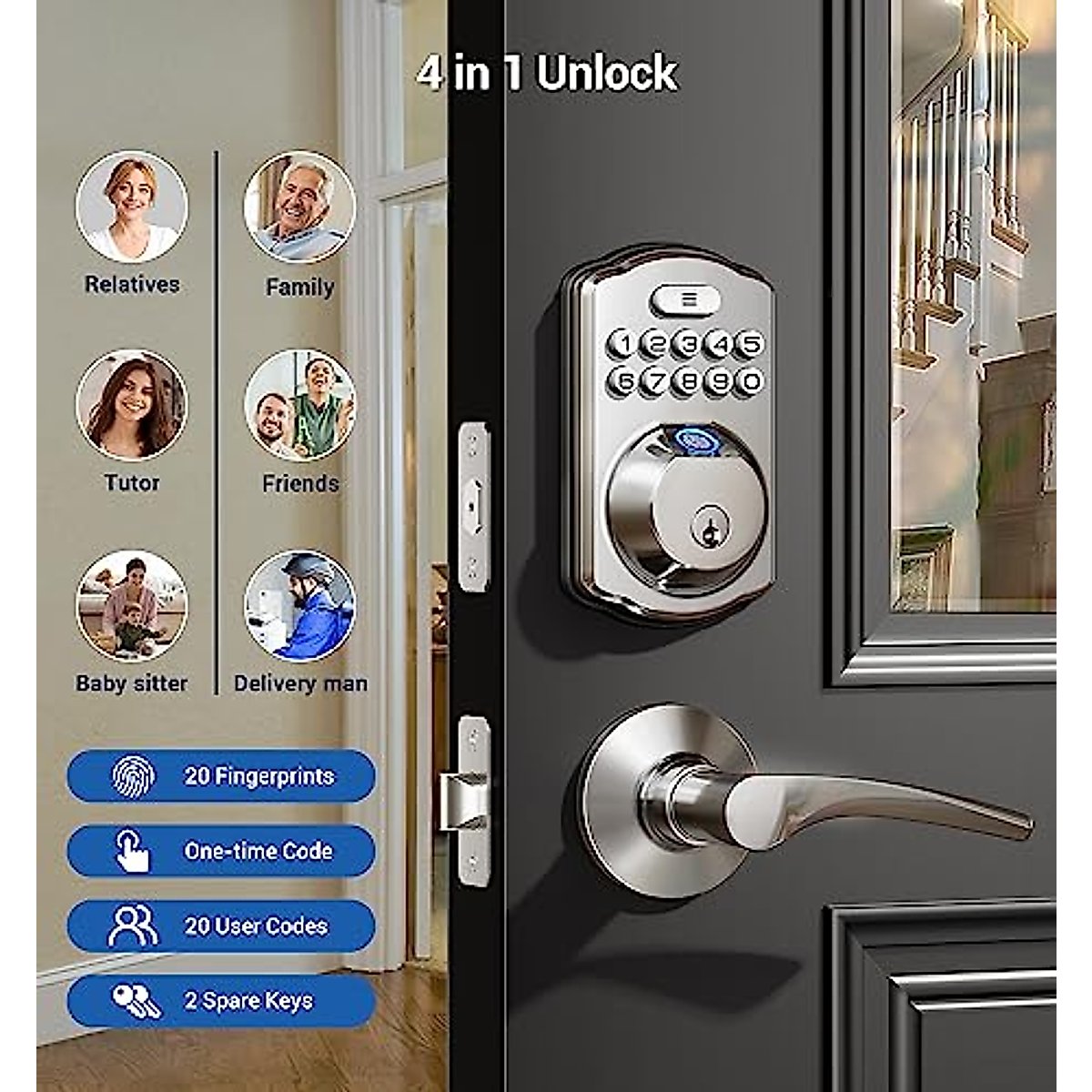 Veise Fingerprint Door Lock with 2 Lever Handles - Keyless Entry Door Lock, Electronic Keypad Deadbolt & Front Door Lock Handle Sets, Auto Lock & 1 Touch Locking, Easy Installation, Satin Nickel