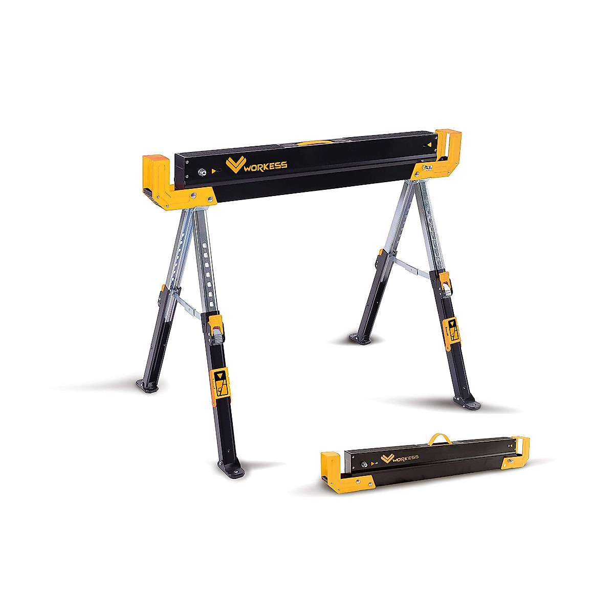 WORKESS Saw Horses 2 Pack Folding, 2600 Lbs Load Capacity & 24-32 Inch Adjustable Height Heavy Duty Sawhorse Table with 2x4 Support Arms, Portable Folding Legs and Easy Grip Handle for Woodworking