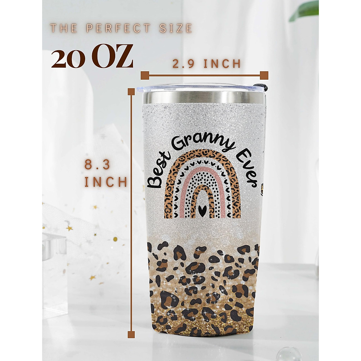 Onebttl Granny Gifts from Granddaughter, Grandson, Insulated Stainless Steel Wine Tumbler with Lid and Straw, for Grandma on Mother's Day, Birthday, Christmas, Best Granny Ever, Glitter Silver, 20 oz