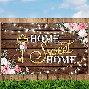 House Warming party Decoration Home Sweet Home banner Backdrop Photography Key Shining Lights Background Pink Floral Wooden Floor Wedding Photo Booth Props 70.8x43.3inches