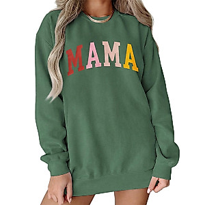 KEKEMI Mama Sweatshirt For Women Crewneck Mama Letter Print Pullover Tops Long Sleeve Mom Life Shirts Casual MAMA Graphic Top（Green-05,Small