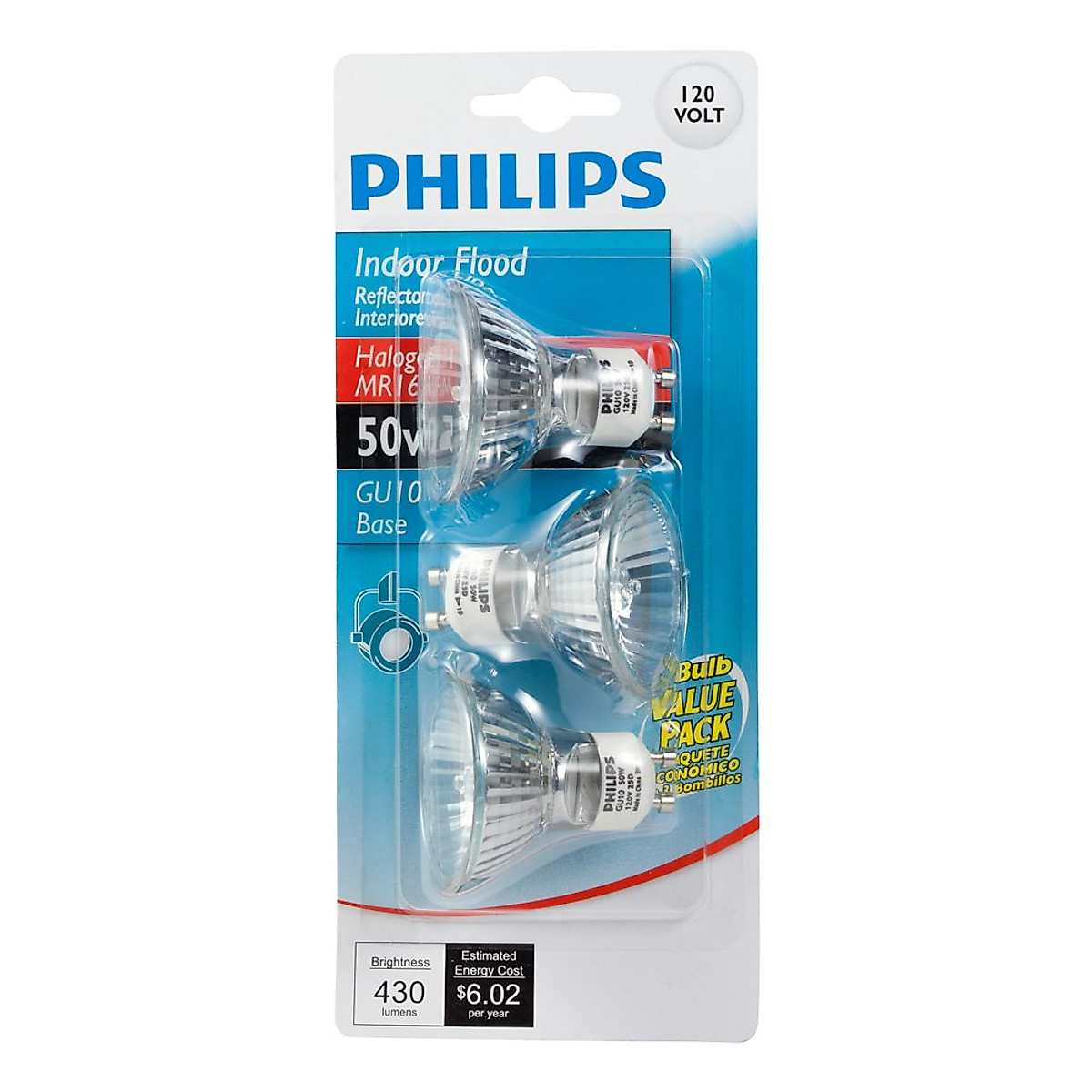 Philips LED 415794 Indoor Flood 50-Watt MR16 GU10 Base 120-Volt Light Bulb, 3-Pack