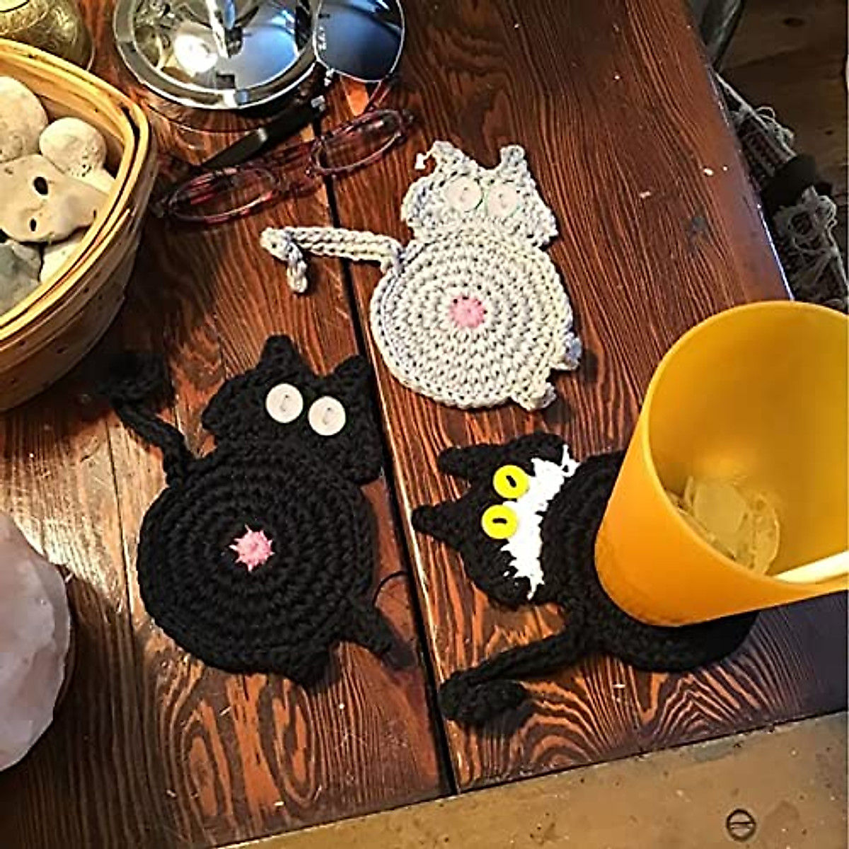 Cute Cat Butt Coasters 3Pcs, Handmade Crochet Cat Butt Coaster, Creative Kitty Butt Crochet Coffee & Tea Drink Coaster, Home Table Fun Cat Coaster, , Knitted Cat Bum Coaster for Cat Lover Gift