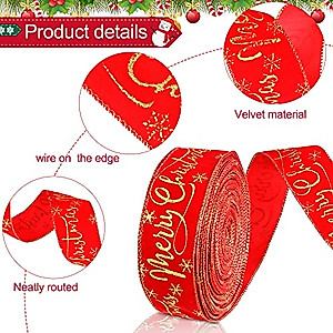 50 Yards Merry Christmas Wired Ribbon 2.5 Inch Wide, Christmas Velvet Candy Wrapping Ribbon, Gold Trim Wrapping Ribbon Roll for Christmas Party Gift Decoration Craft Wreath Bow Making (Red)