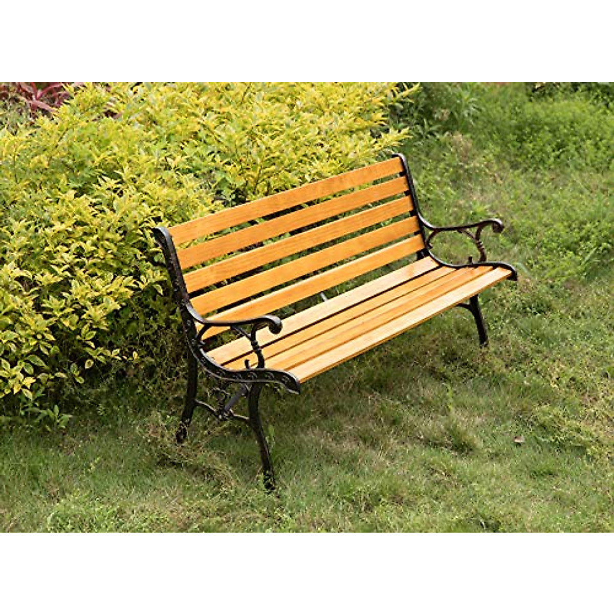 Gardenised Wooden Outdoor Park Patio Garden Yard Bench with Designed Steel Armrest and Legs, Black