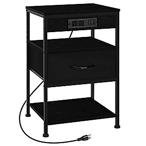 NORCEESAN Black Nightstand with Charging Station, Bed Side Table with USB Ports & AC Outlets, Small End Bedside Tables with Drawer Charging Night Stand 3 Tier Table for Bedroom Living Room Farmhouse