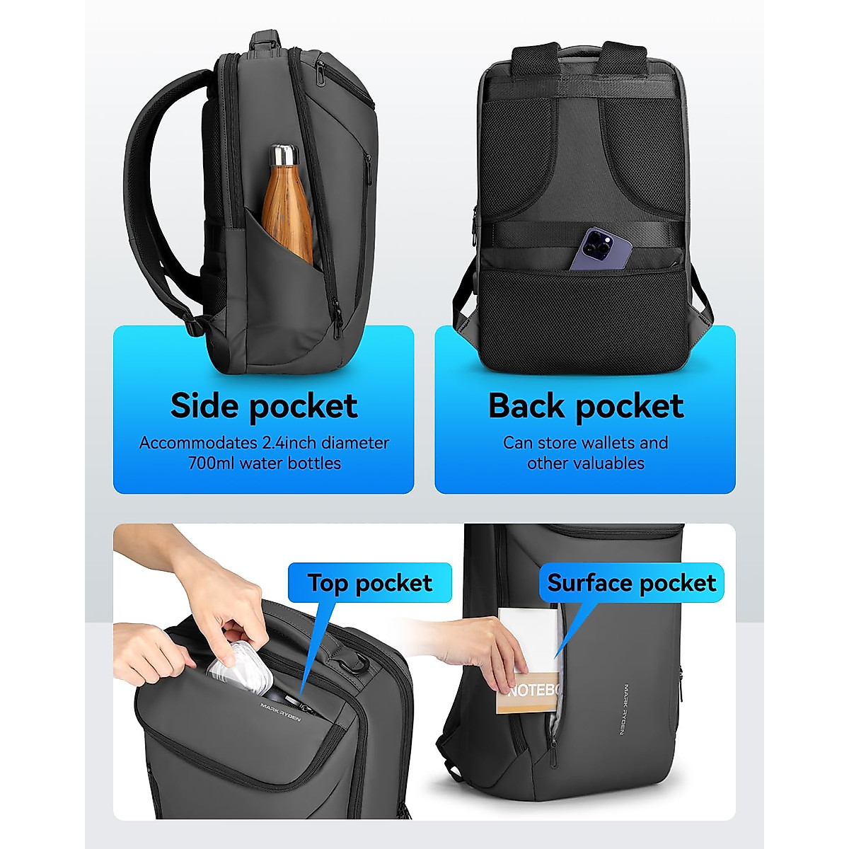 Muzee Business Backpack for Men,Waterproof and Travel Laptop Backpack with USB Charging, Fits 17 Inch Laptop and Tech Gear