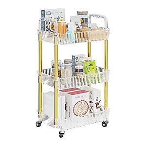 Dttwacoyh 3-Tier Rolling Cart，Makeup Cart with Wheels，Snack Cart，PET and Metal Rolling Cart for Living Room，Kitchen，Office，Bathroom，Golden