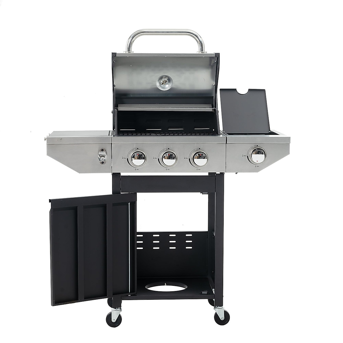 Propane Grill with Side Burner and Temperature Gauge - Stainless Steel Gas Grill with 3 Heads and 430 Thickness - Outdoor Cooking Grill with Electronic Ignition System and Cast Iron Cooking Grids