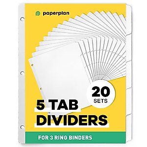 3 Ring Binder Dividers with Tabs - (20 Sets) x 5 Tab Dividers for 3 Ring Binders - White - Binder Dividers with Tabs - Dividers for 3 Ring Binder - Tab Dividers - Binder Tabs // Paper Plan